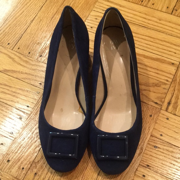 crown & ivy | Shoes | Crown Ivy Navy Blue Suede Shiny Buckle Heel Shoe ...